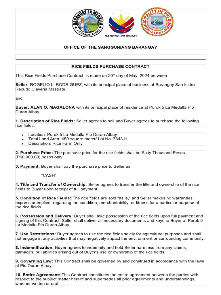 RICE FIELDS PURCHASE CONTRACT | PDF | Indemnity | Business