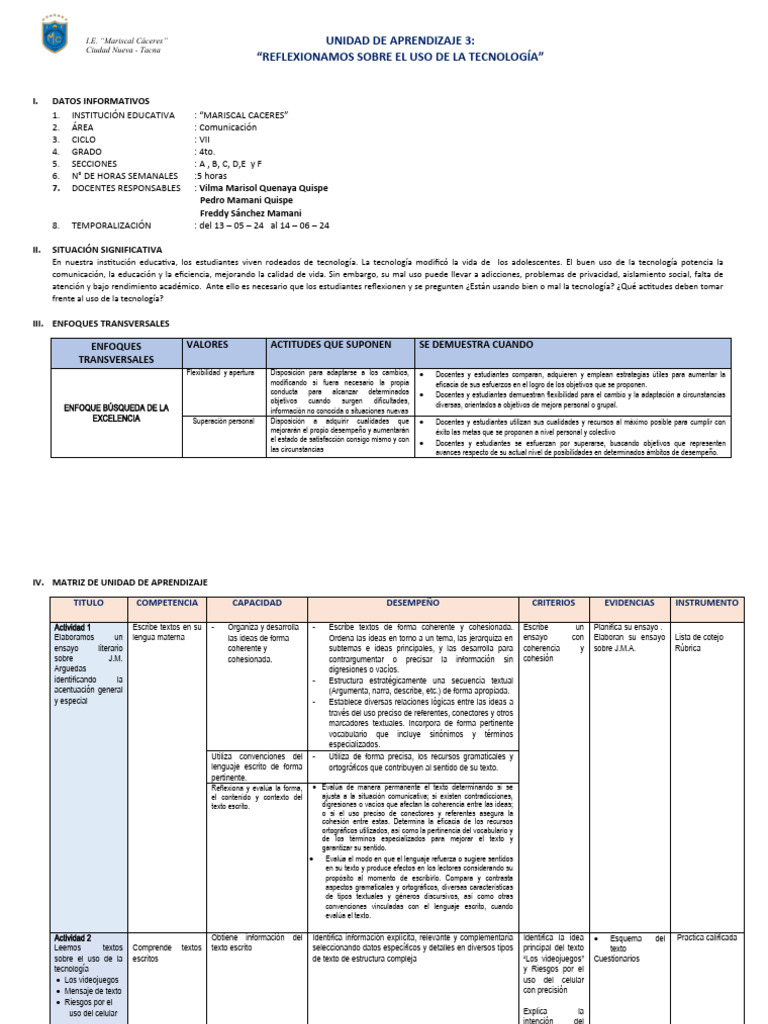 UNIDAD 3 USO DE LA TECNOL 4to - OK | PDF | Ensayos | Enseñando