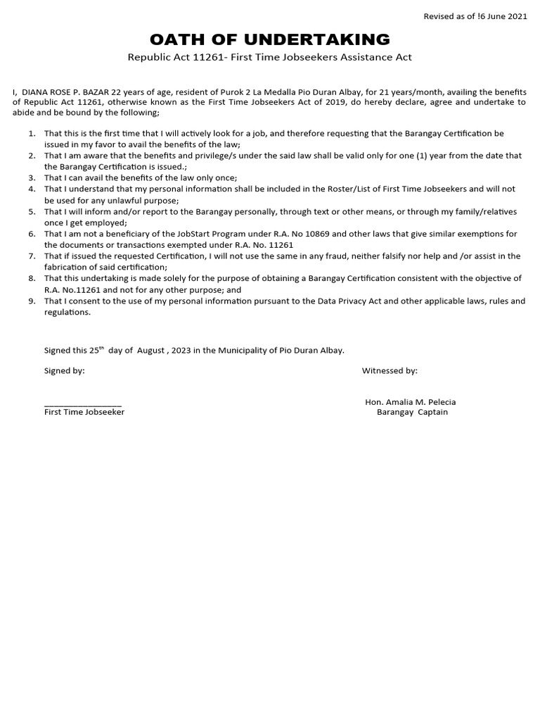 First Time Jobseekers Oath of Undertaking | Download Free PDF | Government | Justice