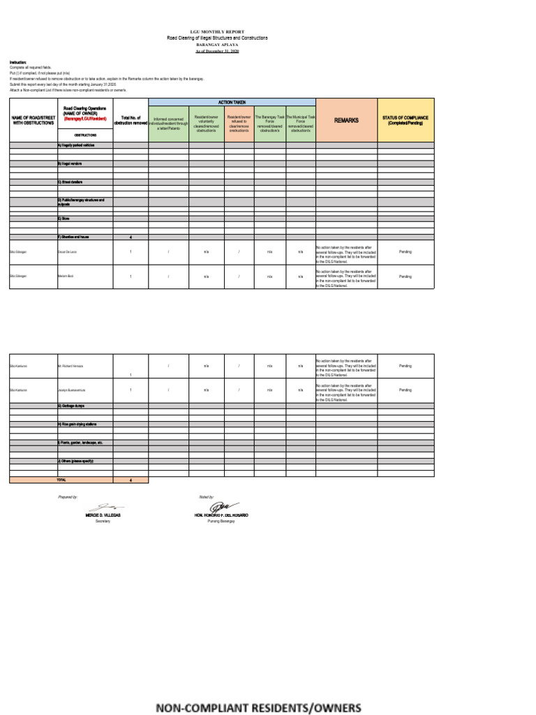 BRGY - APLAYA Road Clearing Report Dec.312020 | PDF
