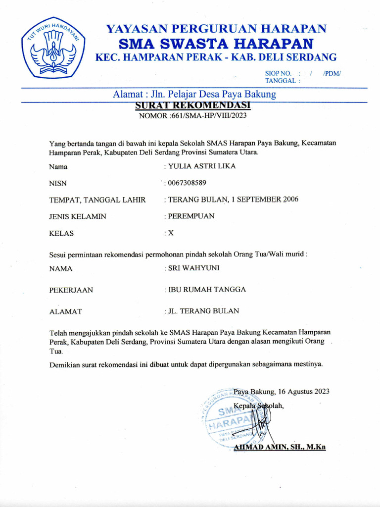 Surat Rekom Yulia 20230816 - 10245086 | PDF