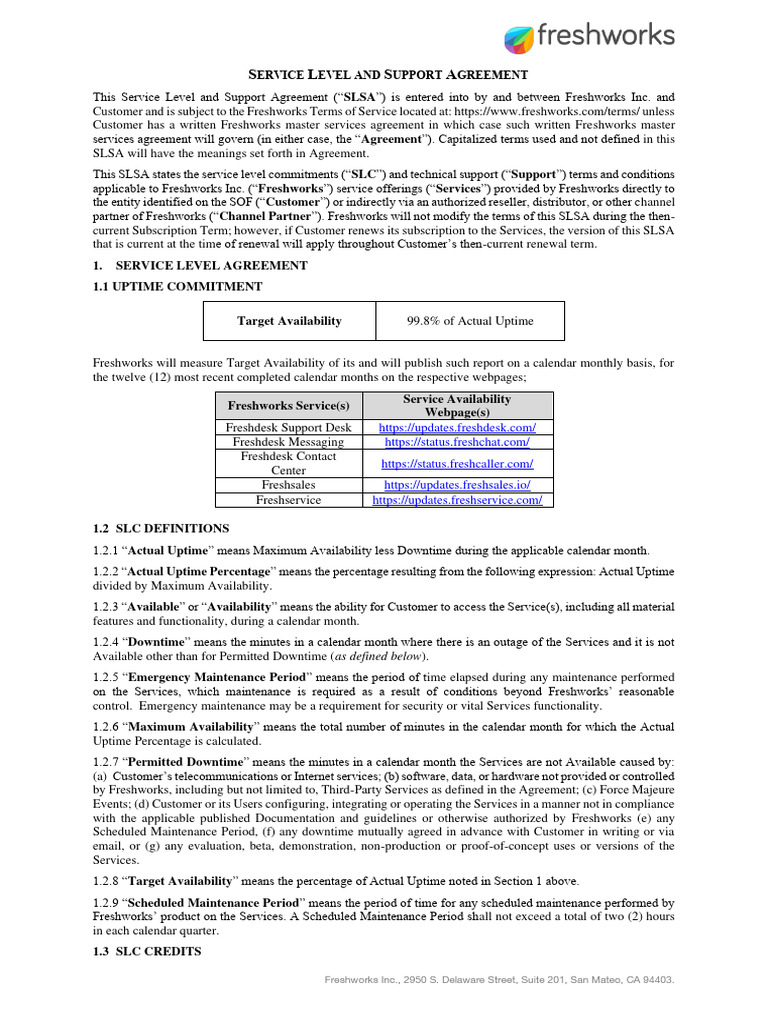 Freshworks Unified Standard SLSA - 2021 | PDF | Computing | Information ...