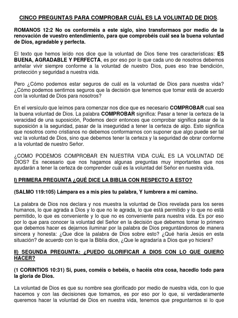 Cinco Preguntas para Comprobar Cuál Es La Voluntad de Dios | PDF | Dios | Primera epístola a los ...
