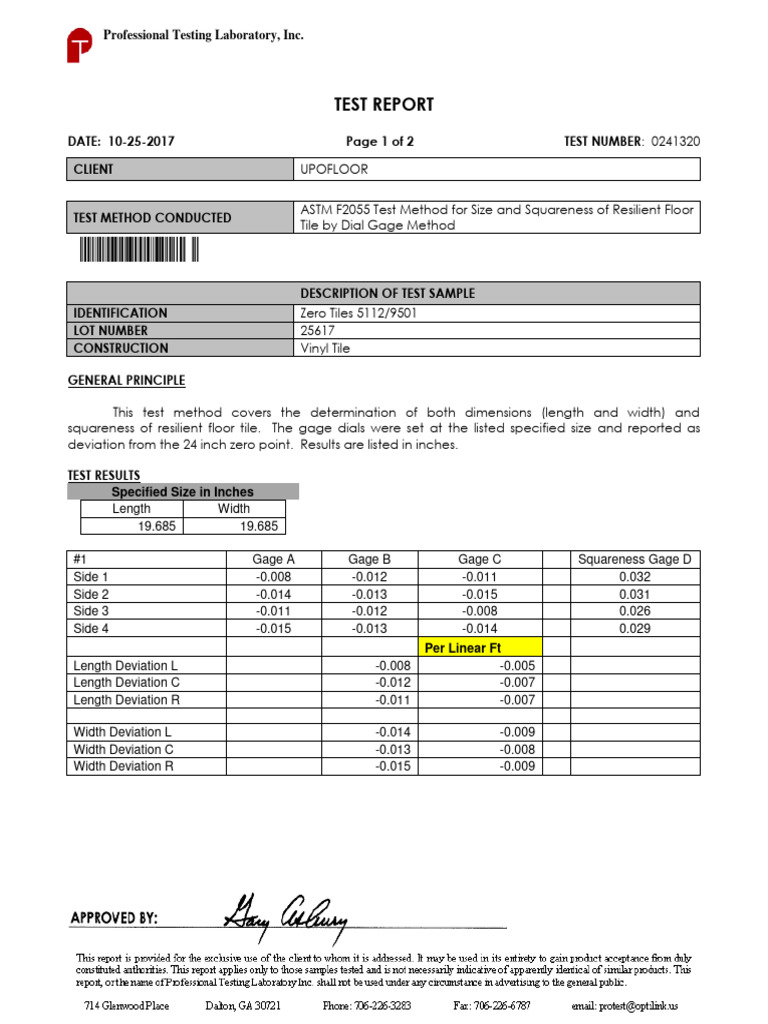 Test Report ASTM F2055_Professional testing Laboratory, Inc | PDF ...