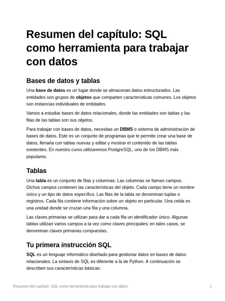 Resumen Del Captulo SQL Como Herramienta para Trabajar Con Datos | Descargar gratis PDF | SQL ...