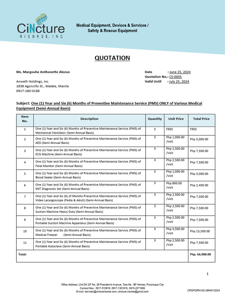 PMS Quotation for Cavite Naval Hospital | PDF