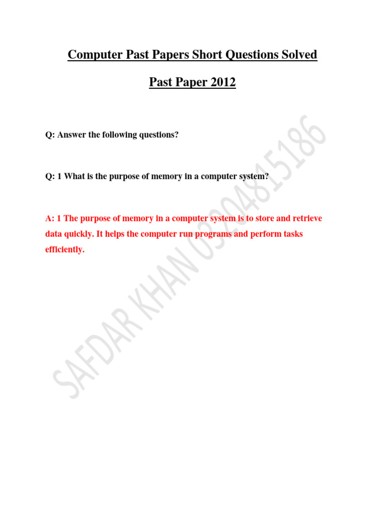 Computer Past Papers Solved Short Questions | PDF | Computer Network ...