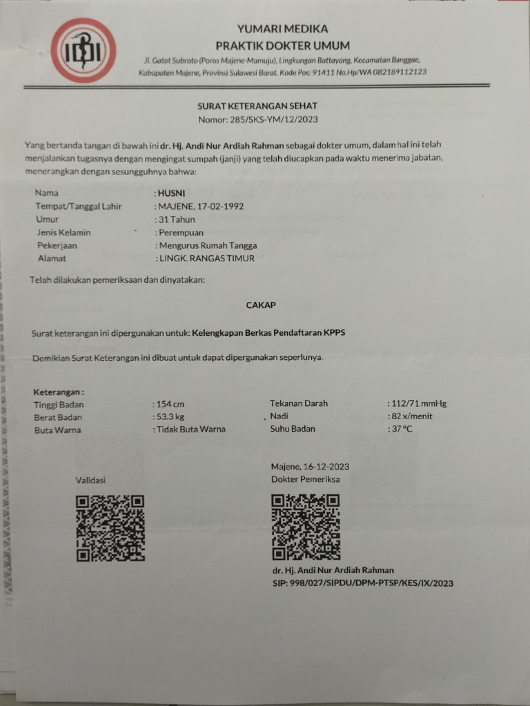 Surat Keterangan Sehat Husni | PDF