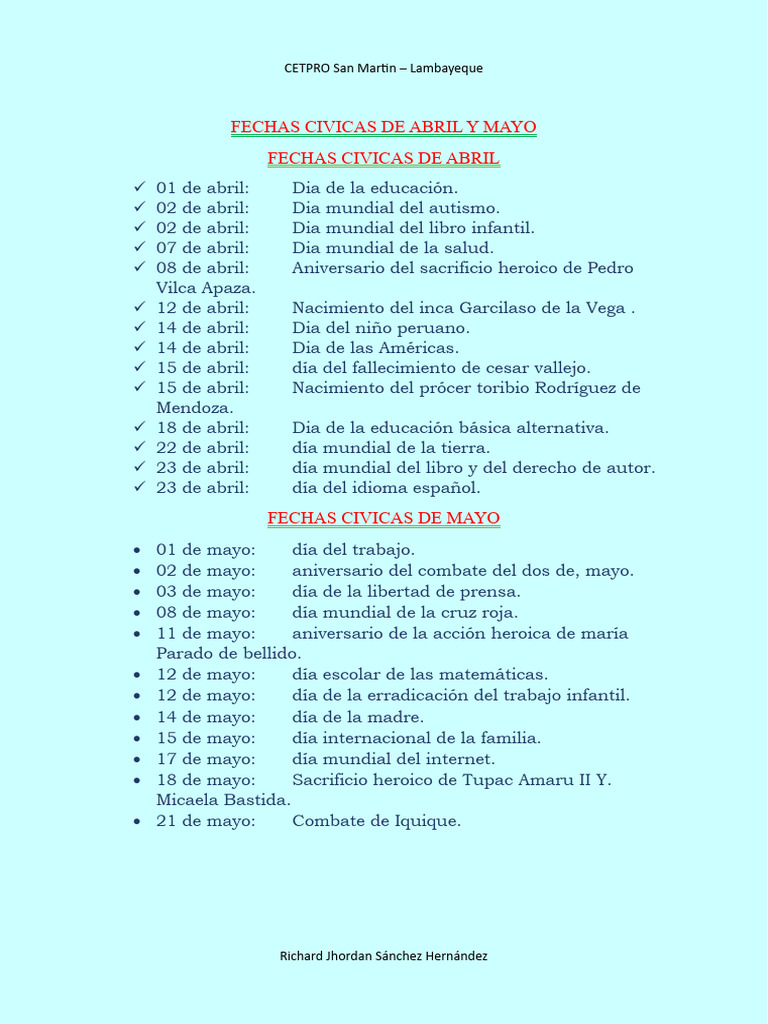 Fechas Civicas de Abril y Mayo Word | PDF