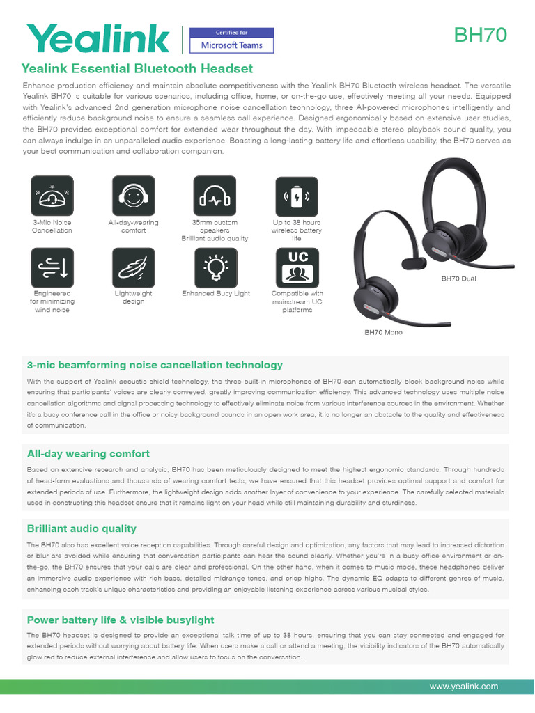 Yealink BH70 Datasheet V1.0 1 | PDF | Microphone | Headphones
