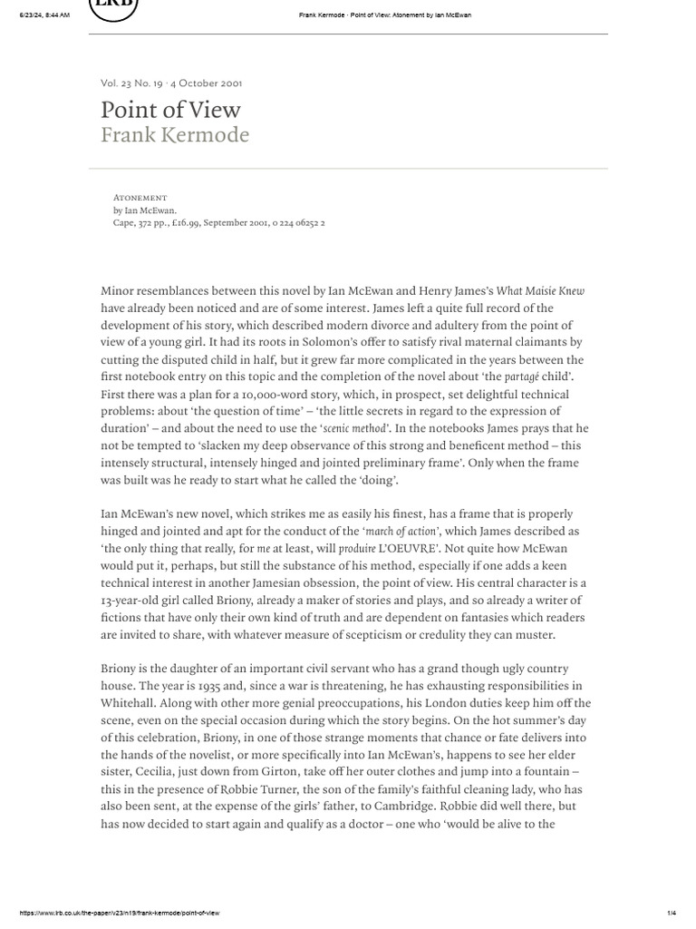 Frank Kermode Point of View - Atonement by Ian McEwan | PDF