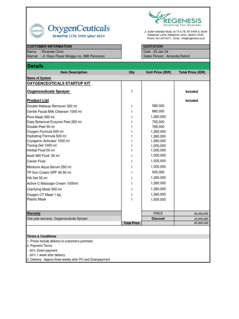 QUOTATION OXYGENCEUTICALS Rinanda Clinic | PDF | Skin Care | Skin