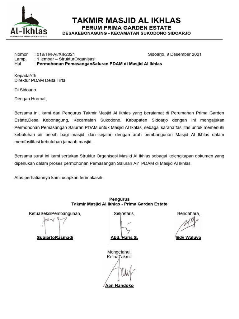 Surat Permohonan Pemasangan PDAM | PDF