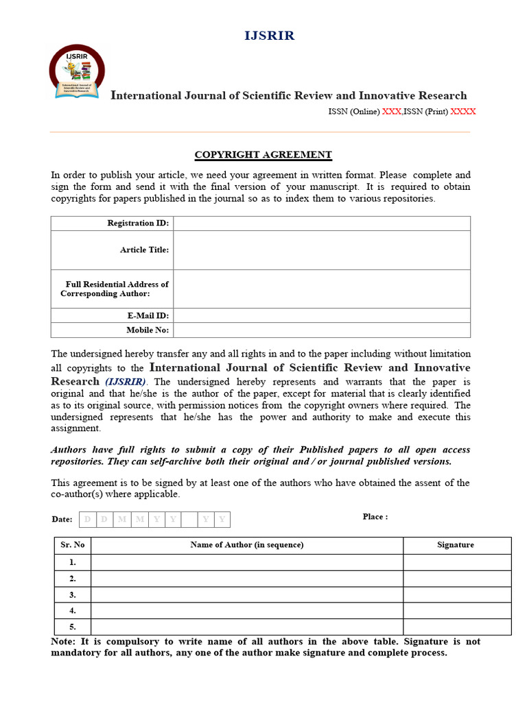Copyright Agreement for IJSRIR Publication | PDF | Law