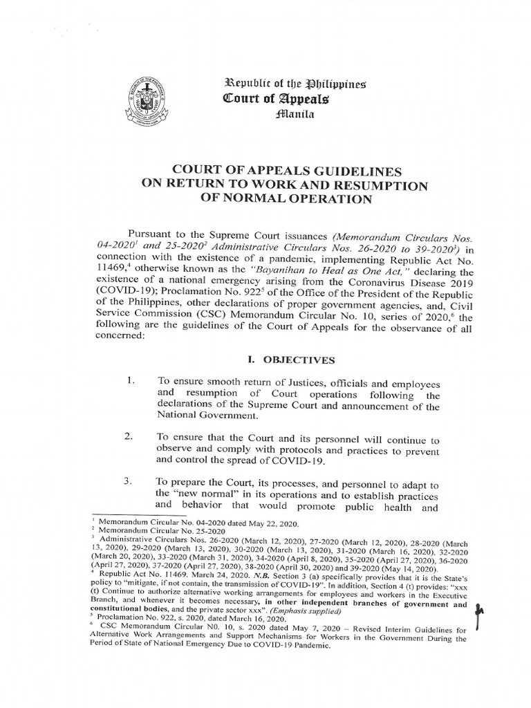 CA Guidelines On Return To Work and Resumption of Normal Operation ...