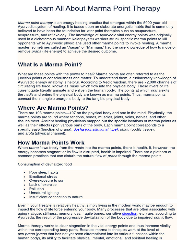 Learn All About Marma Point Therapy | Download Free PDF | Prana | Ayurveda