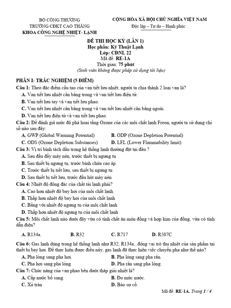 ĐỀ THI KTL LẦN 1 RE-1A - wed | PDF