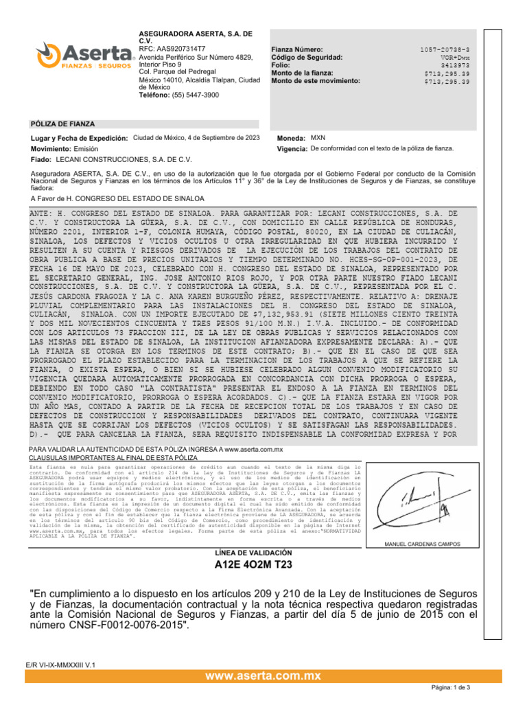 Fianza de Vicios Ocultos | PDF | Póliza de seguros | Pagos