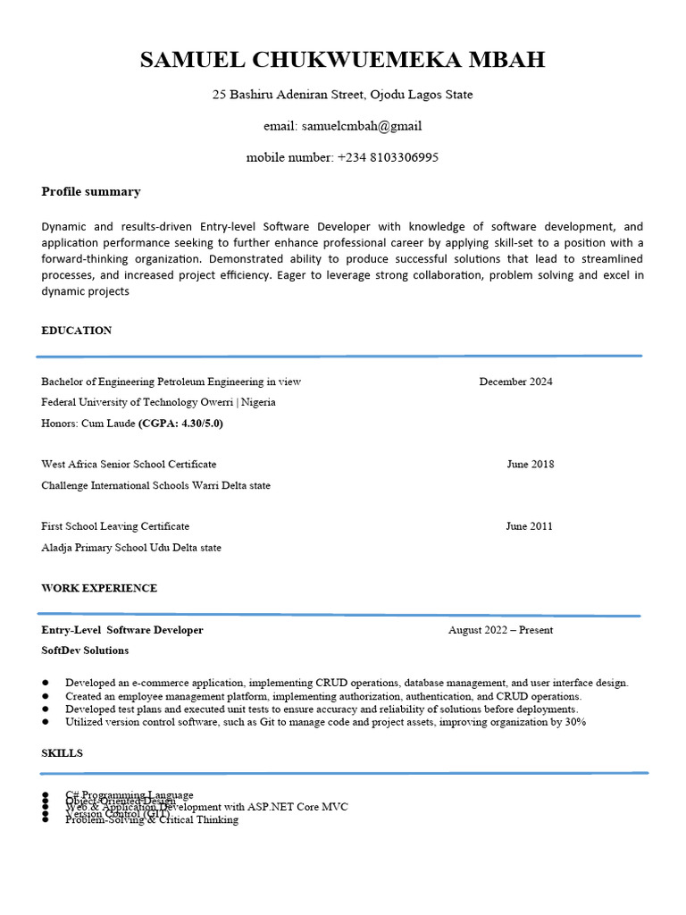 Entry-Level Software Developer Resume | PDF