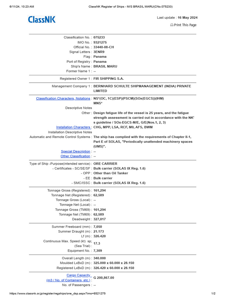 ClassNK Register of Ships - M - S BRASIL MARU (CNo.075233) | PDF ...