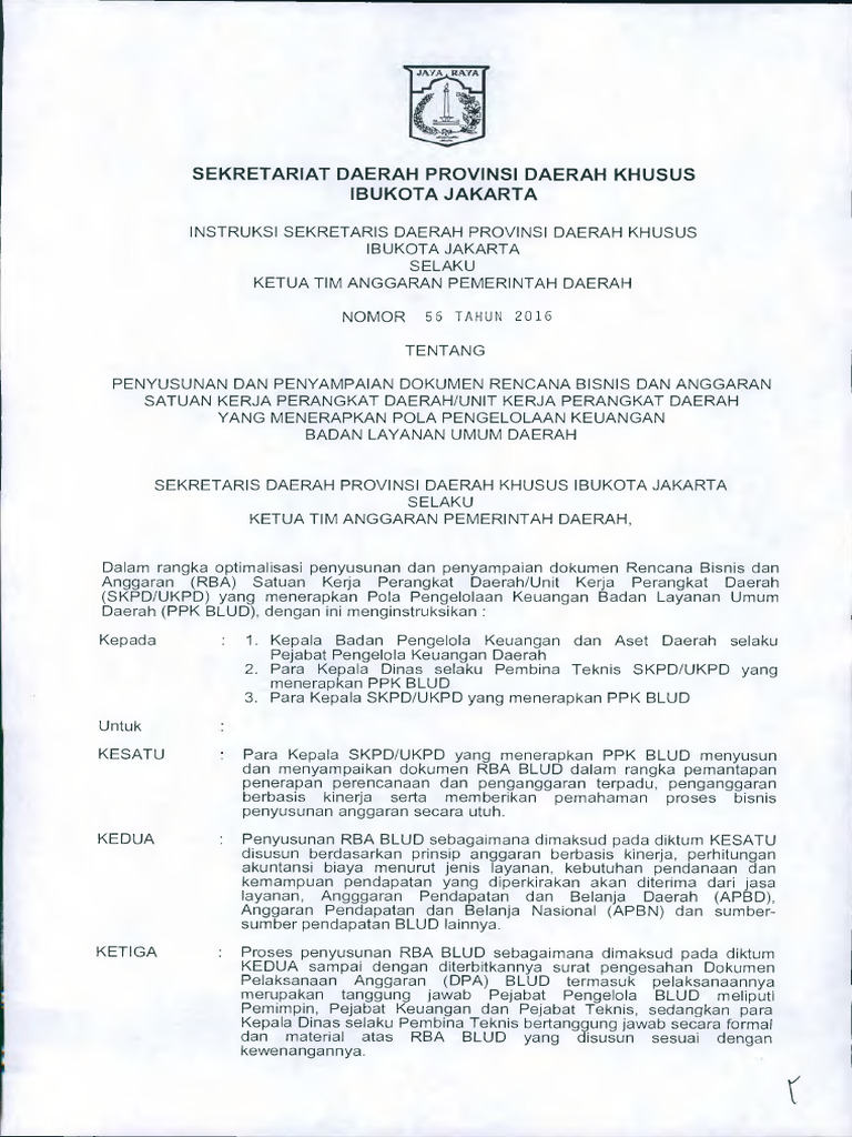 INSEKDA NO.56 TAHUN .2016 TTG Penyampaian Dokumen RBA | PDF | Pengelolaan Keuangan & Uang
