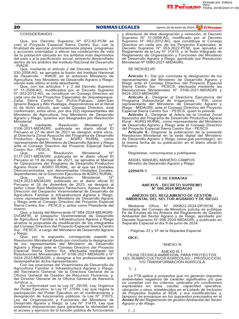 Fe de Erratas Ds 006 2024 Midagri | PDF | Agricultura | Evaluación