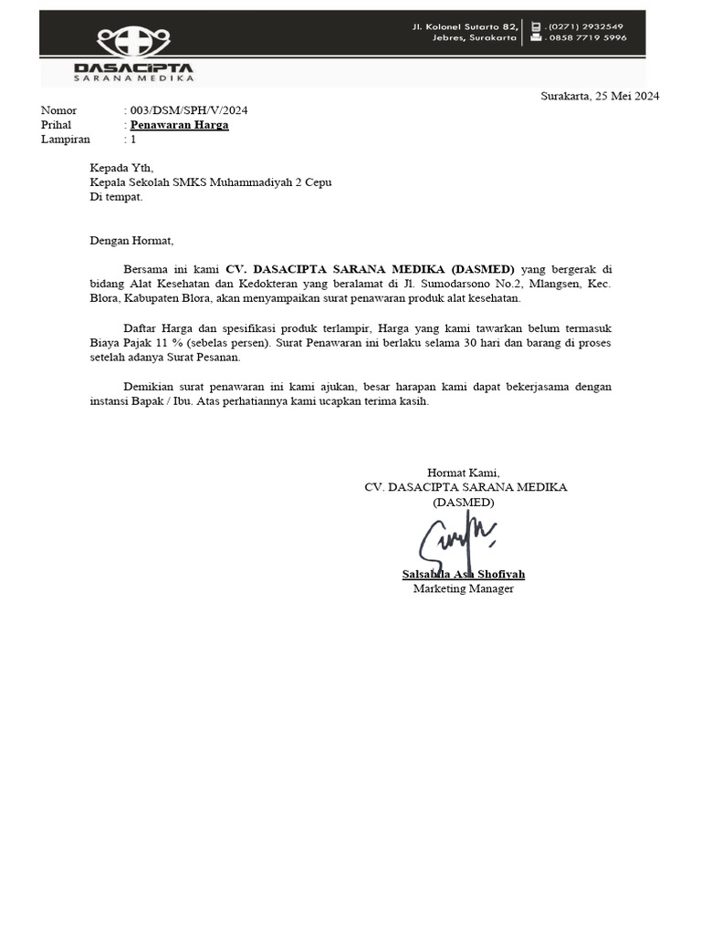 Penawaran Alat Kesehatan untuk SMKS | PDF