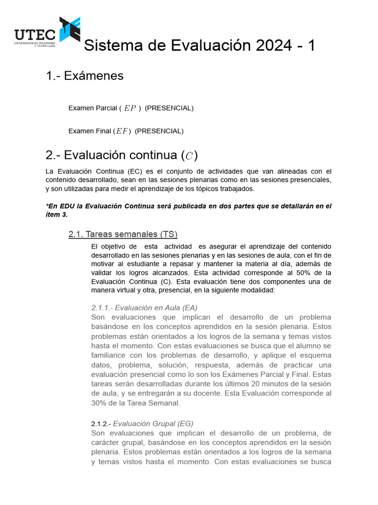 Sistema de Evaluación 2024-1 | PDF | Evaluación | Salón de clases