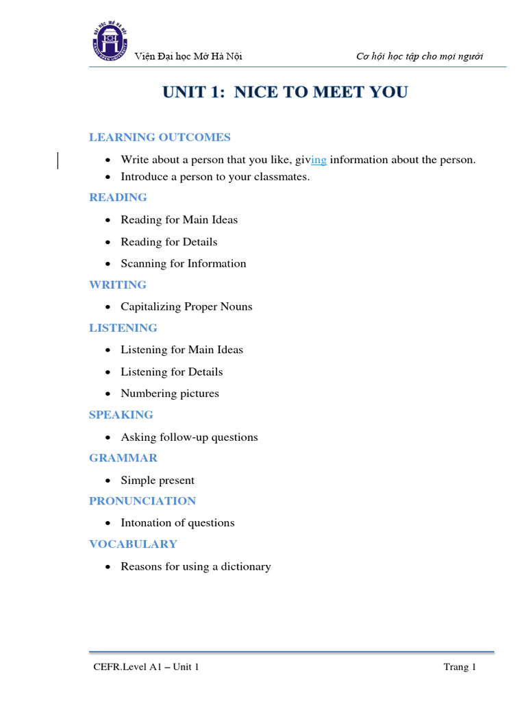 Unit 1 Nice To Meet You | PDF | Part Of Speech | English Language