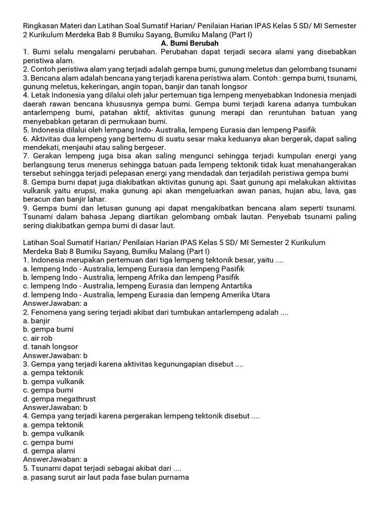 Ringkasan Materi Dan Latihan Soal Sumatif Harian Bab 8 Ipas Kelas 5 | PDF