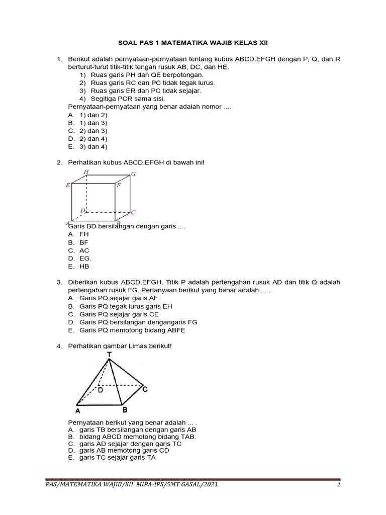 Soal Pas 1 Matematika Wajib Kelas Xii (2021-2022) | PDF | Metode & Bahan Ajar