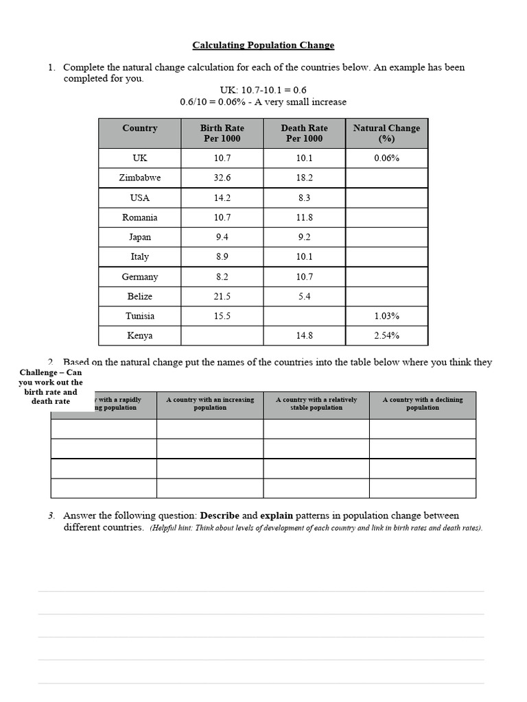 L2 - Calculating Population Change HWK Sheet | PDF | Rates