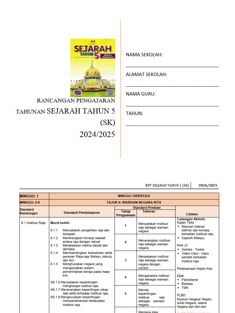 RPT Sejarah THN 5 (SK) 2024-2025 | PDF
