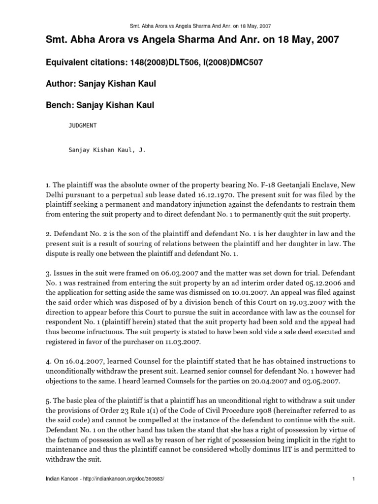 Property Dispute: Abha Arora vs Angela Sharma | PDF | Lawsuit ...