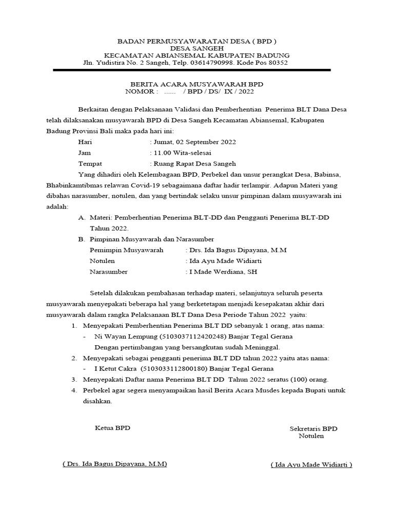 BERITA ACARA BLT PEMBERHENTIAN 2022 | PDF
