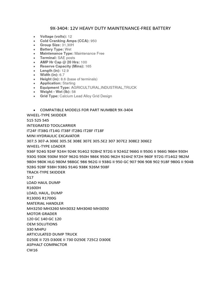 Cat Battery-12v100 Ah | PDF | Loader (Equipment) | Vehicles