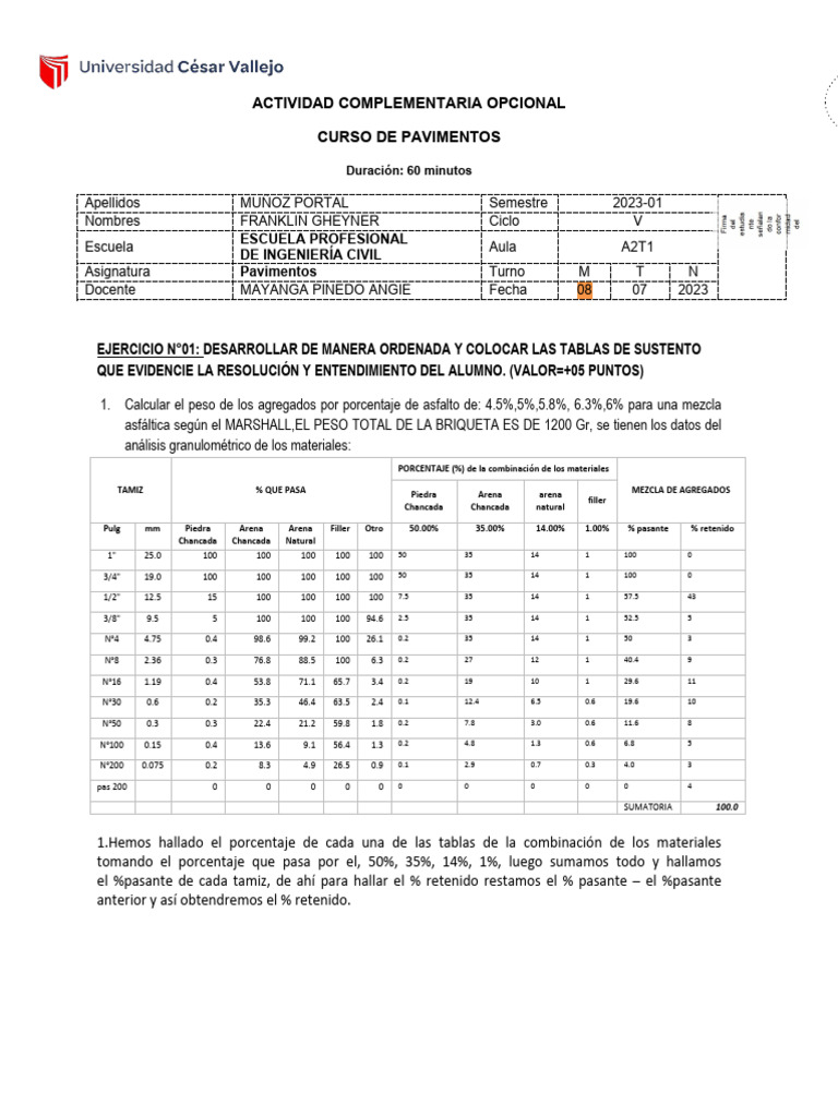 ACTIVIDAD COMPLEMENTARIA OPCIONAL N°02 Pavimentos | PDF