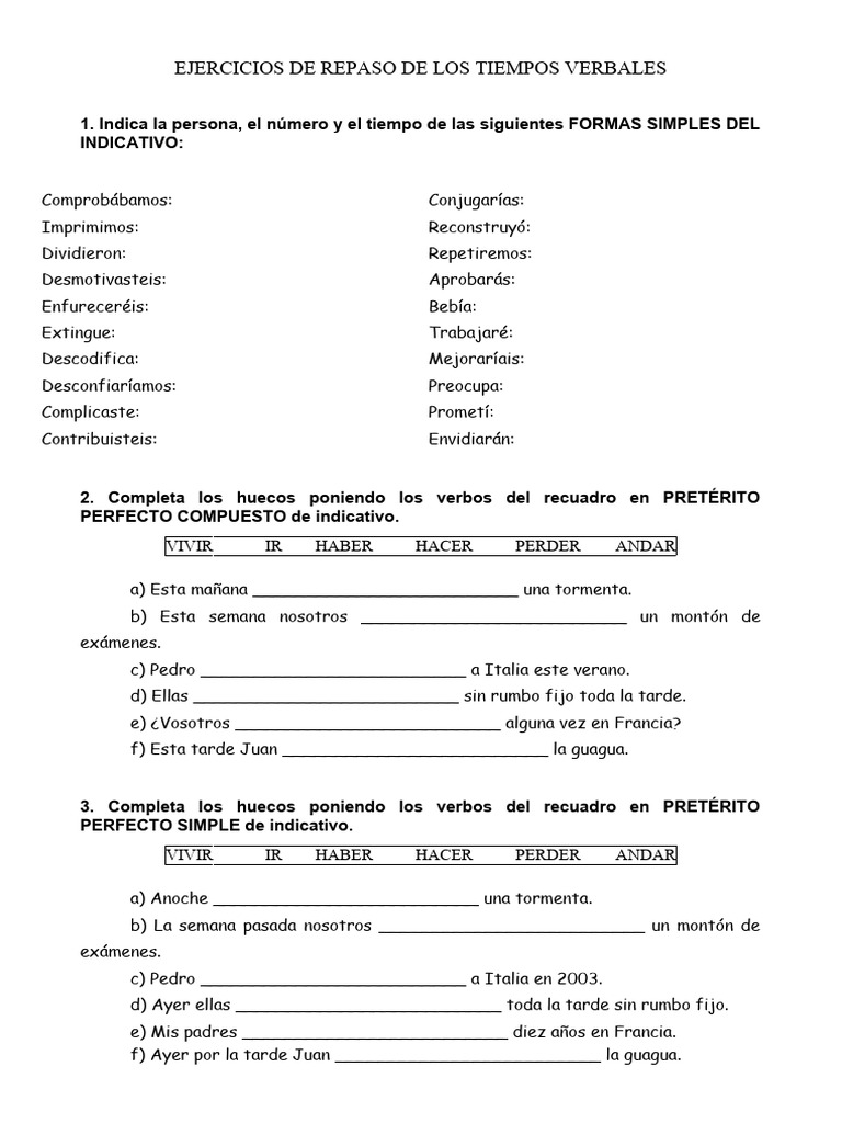 Ejercicios de Tiempos Verbales en Indicativo | PDF | Verbo | Lingüística