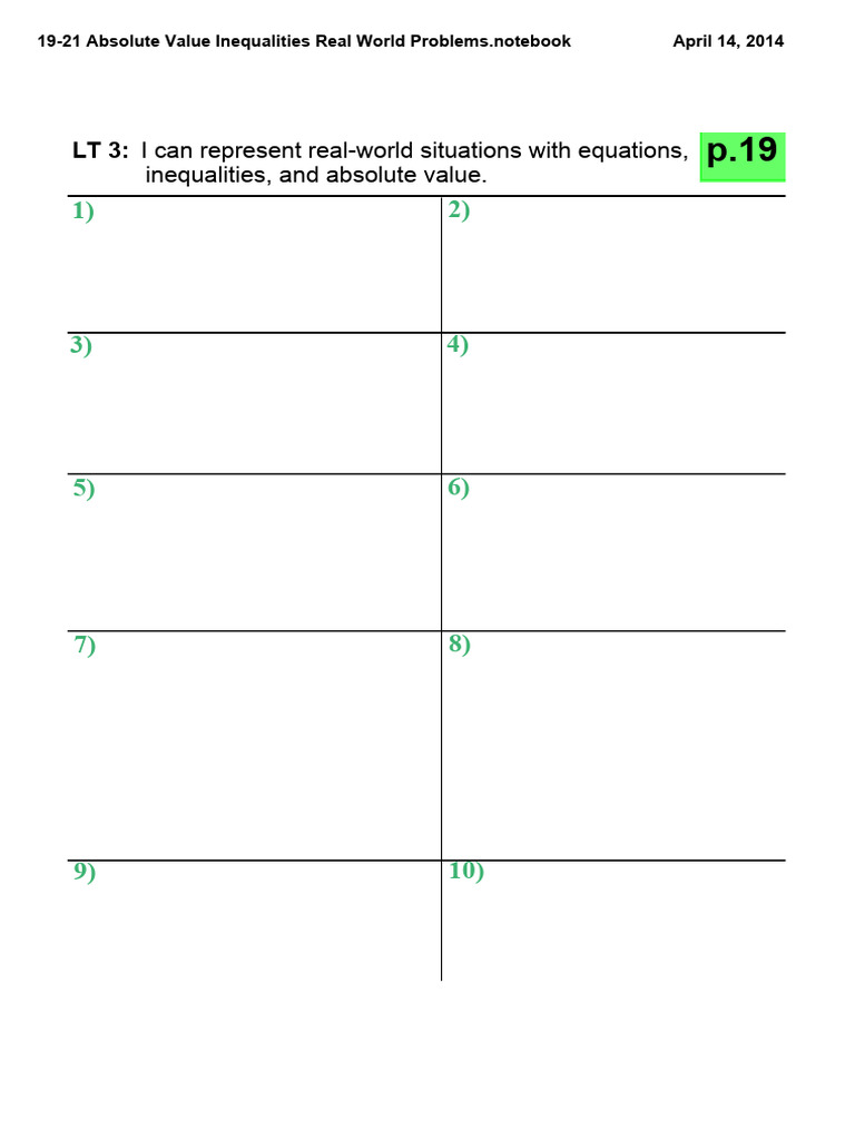 Inequalities, and Absolute Value.: LT 3: I Can Represent Real World ...