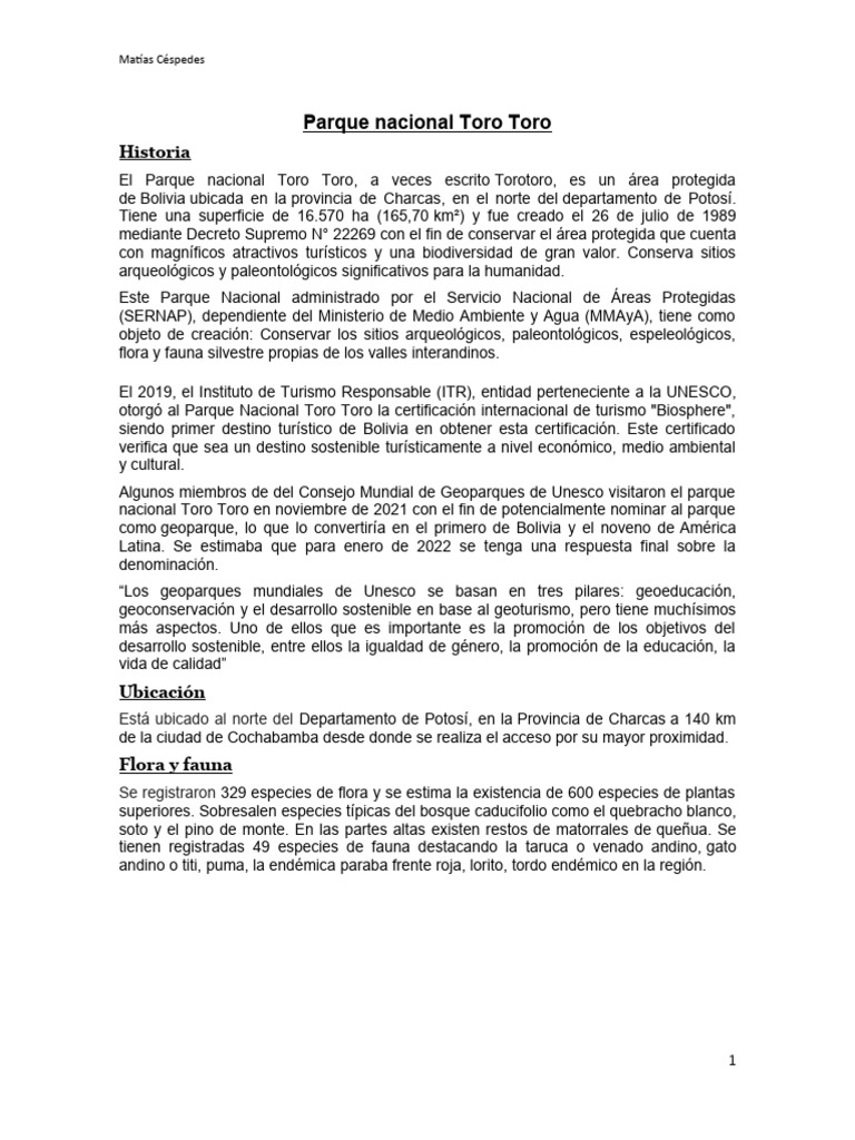 Parque Nacional Toro Toro | PDF | Ciencias de la Tierra