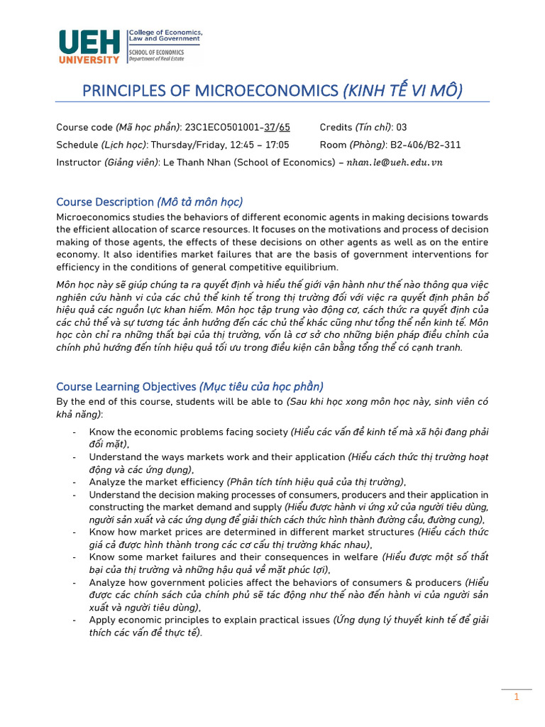 Microeconomics - Syllabus Fall 2023 | PDF