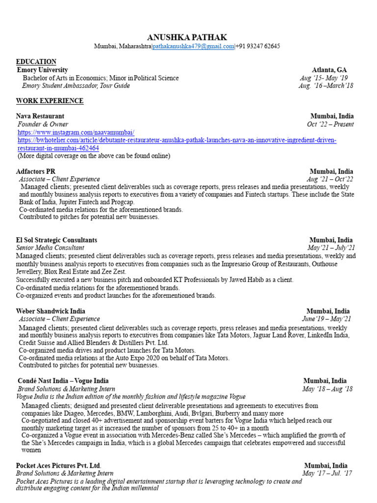 Anushka Pathak: Mumbai Restaurateur & PR Expert | PDF