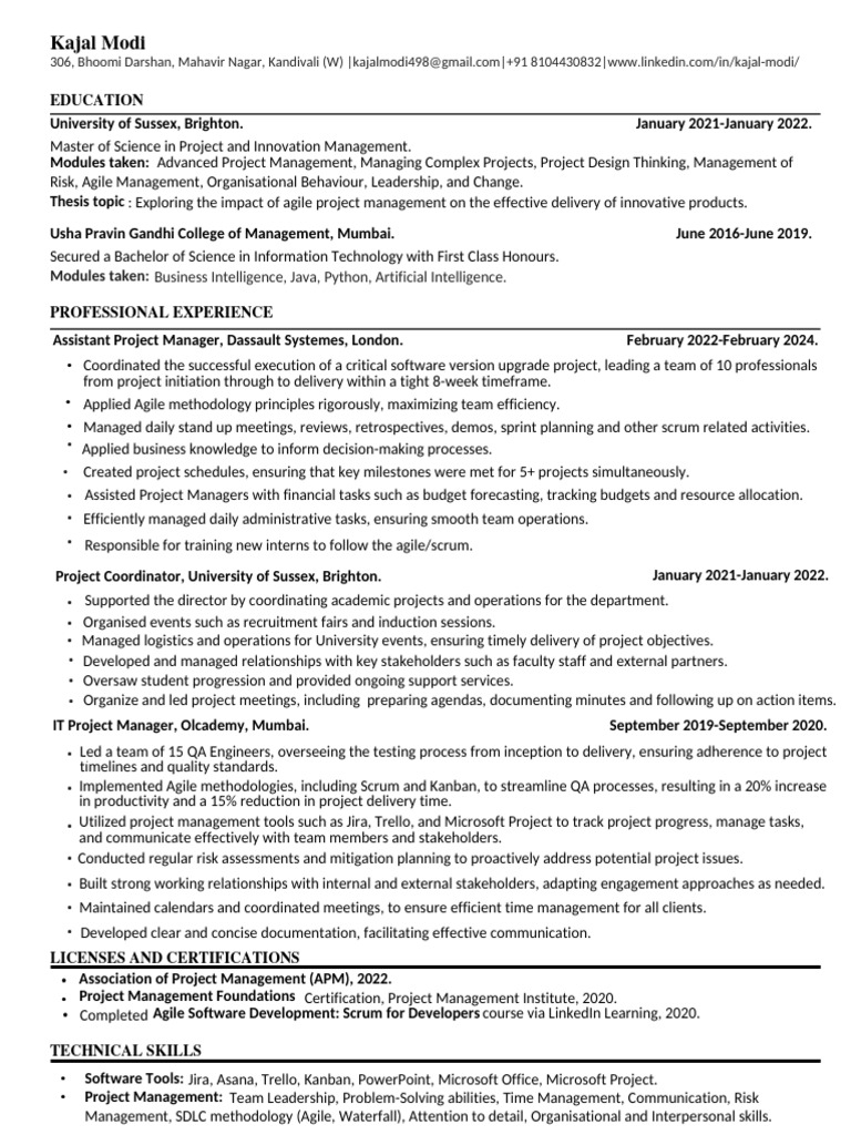 Kajal Modi Resume - KMA | PDF | Software Development Process | Agile ...