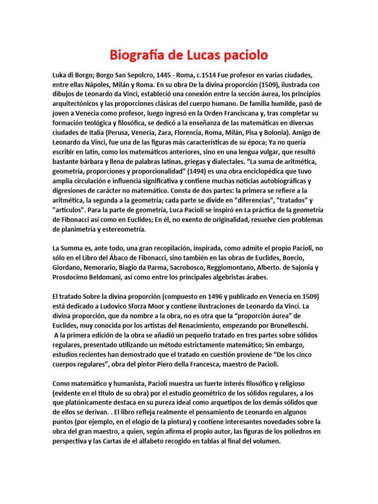 Biografía de Lucas Paciolo | PDF