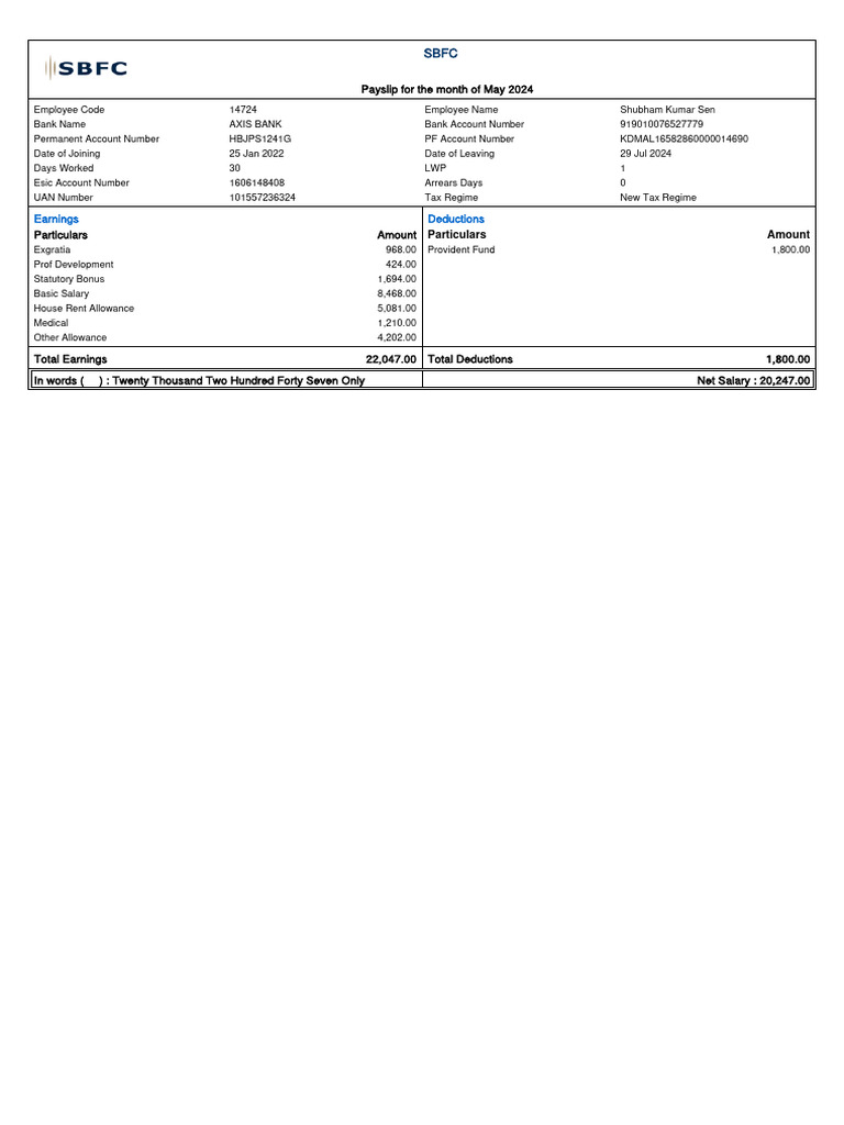 Payslip 2024 2025 5 14724 SBFC | PDF