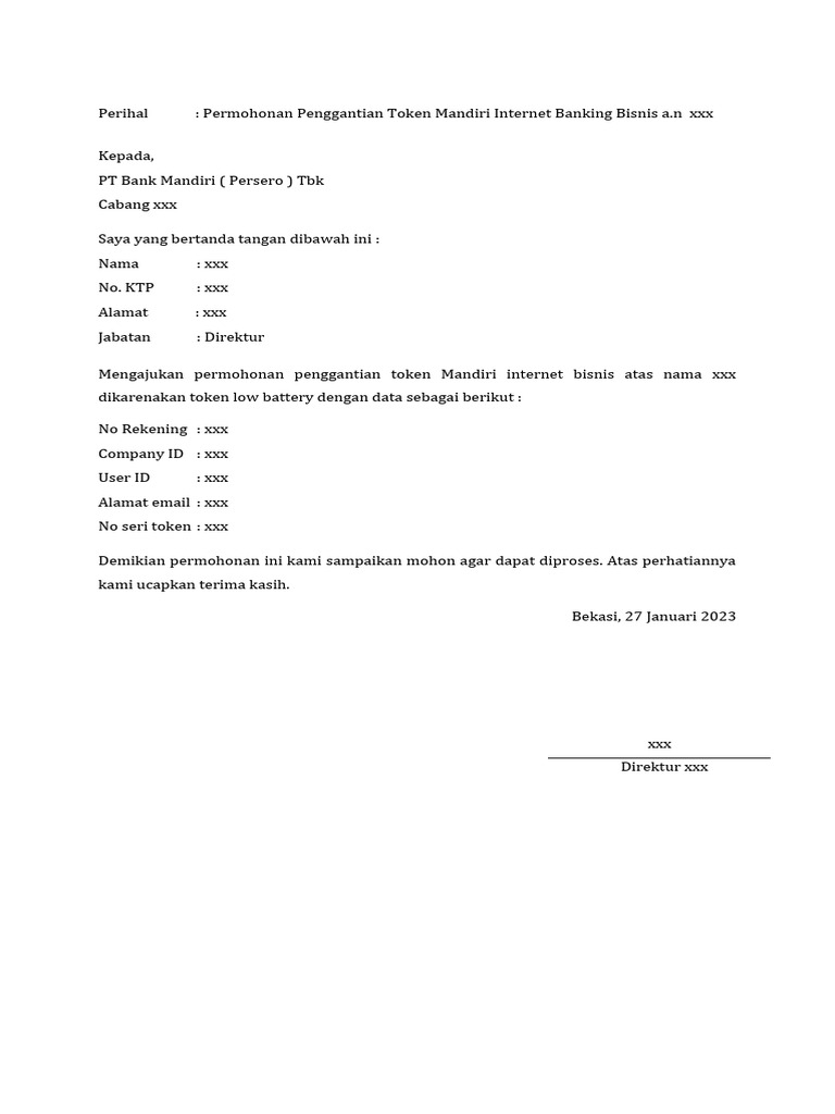 Surat Permohonan Token Mandiri | PDF