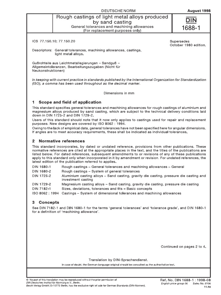 Sand Casting Tolerance DIN 1688-1 | PDF