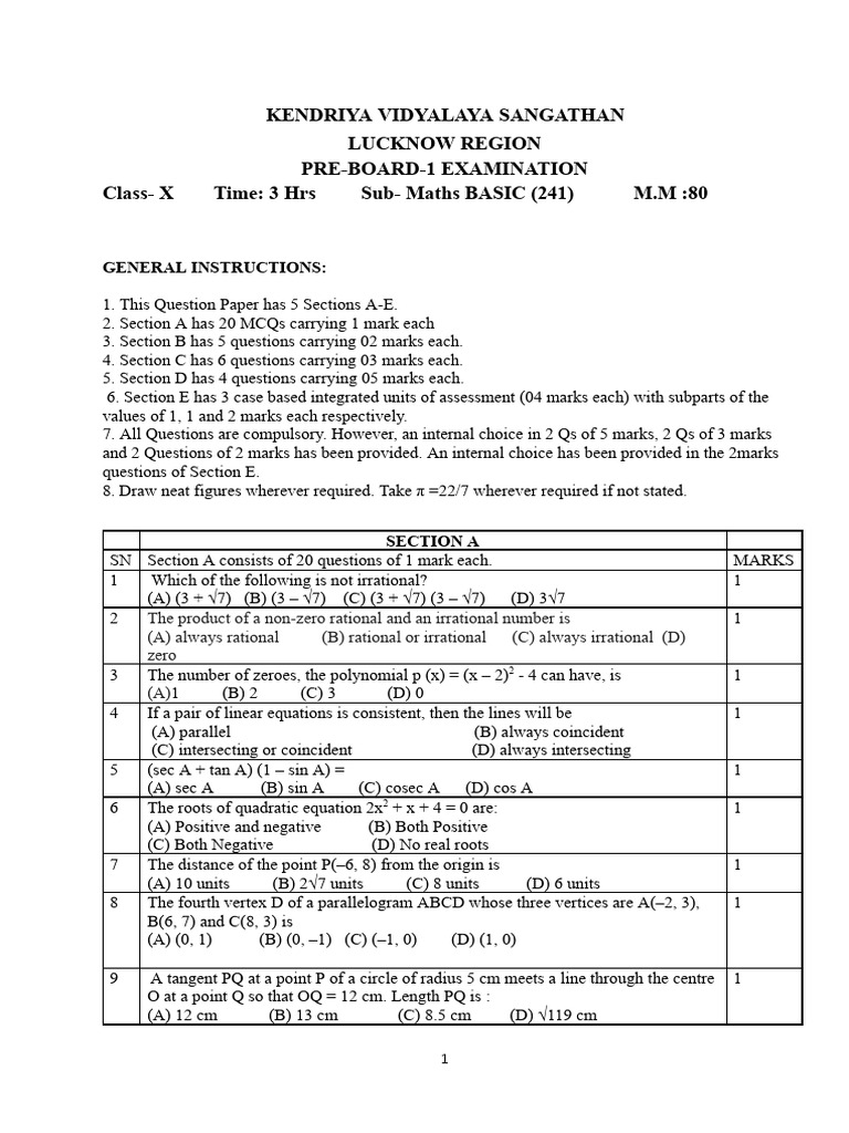 KV Class 10 Pre Board Mock Question Paper MATHS (Basic) (1) | Download Free PDF | Area | Mathematics