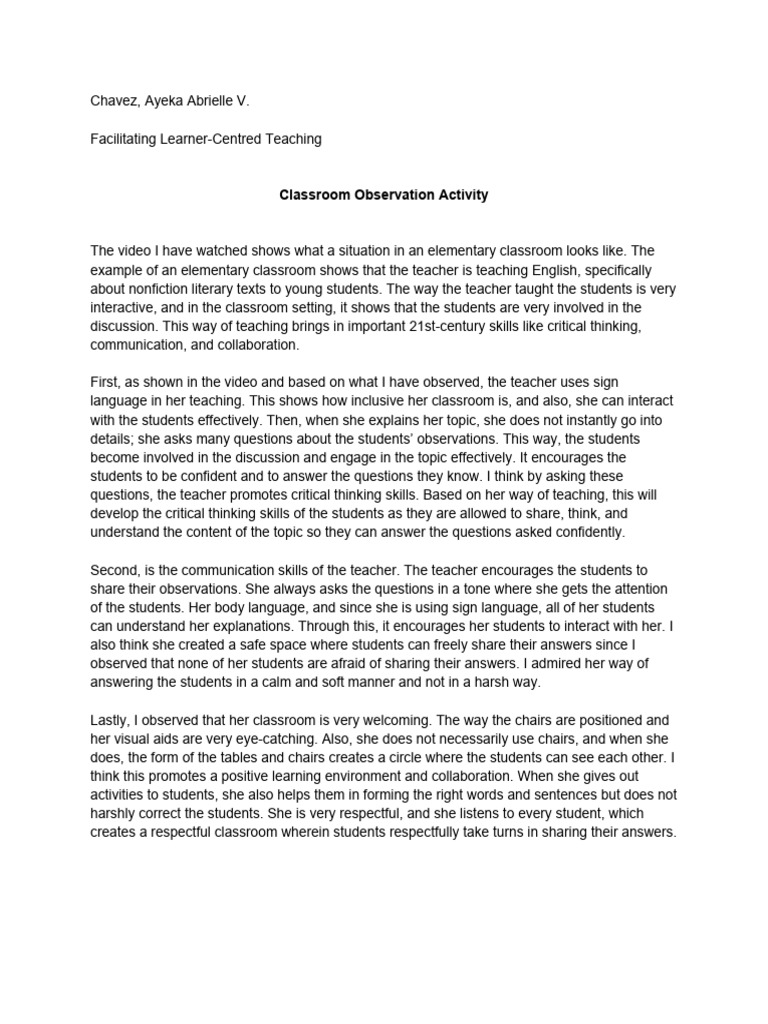Chavez FLCT ClassroomObservationActivity | PDF | Classroom | Teachers