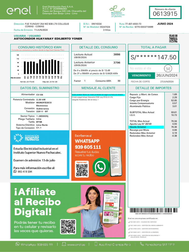 Recibo de Luz Enel - Junio 2024 | PDF | Apelación
